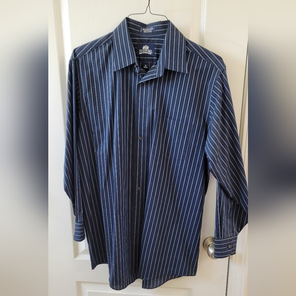 Stafford | Shirts | Mens Stafford 6 Neck 3233 Sleeve Navy Striped Dress Shirt | Poshmark